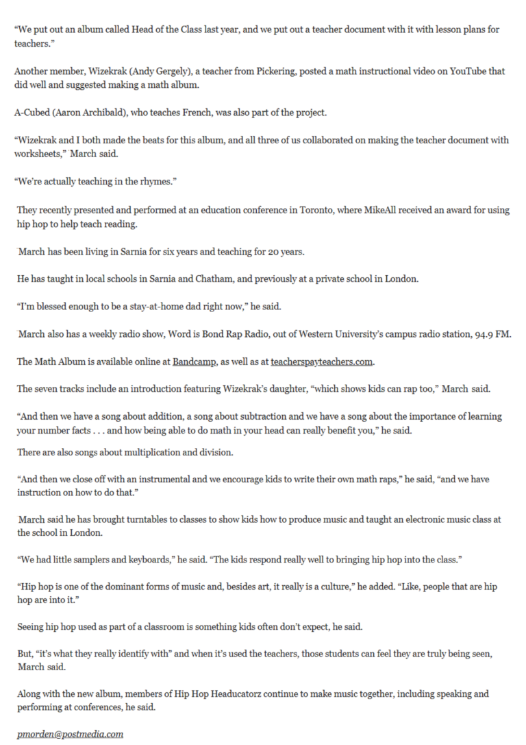 The Math Album Gets Newspaper Coverage | Hip Hop Headucatorz